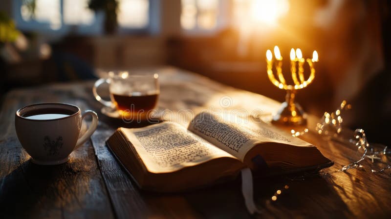 Jewish Book Week Sacred Book on Rustic Table with Tea and Candles at ...