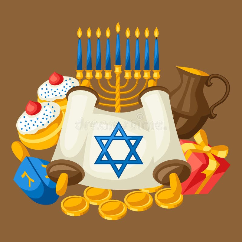 Jewish Hanukkah Celebration Card with Holiday Objects Stock Vector ...