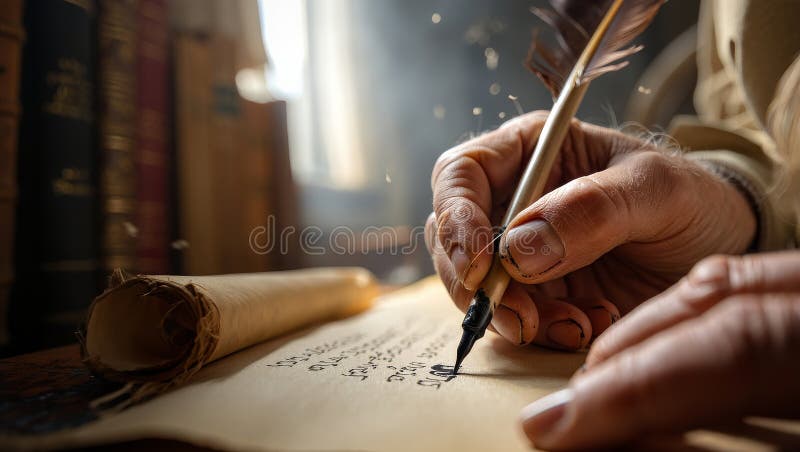 Jewish Rabbi Handwriting a Torah Scroll in a Sunlit Study, Sacred ...