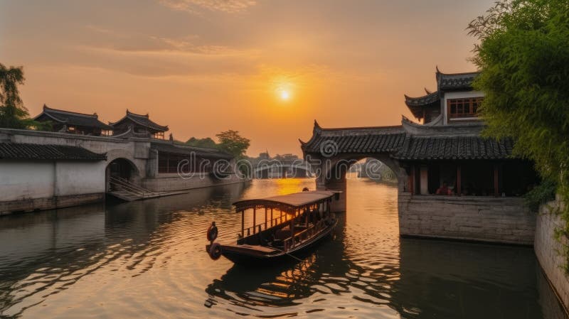 Jiangnan Ancient Town Bridge Boat Small River Generative AI Stock Image ...