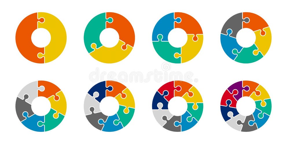 Jigsaw Infographic Pie Chart Set. Cycle Collection 2,3,4,5,6,7 and 8 ...