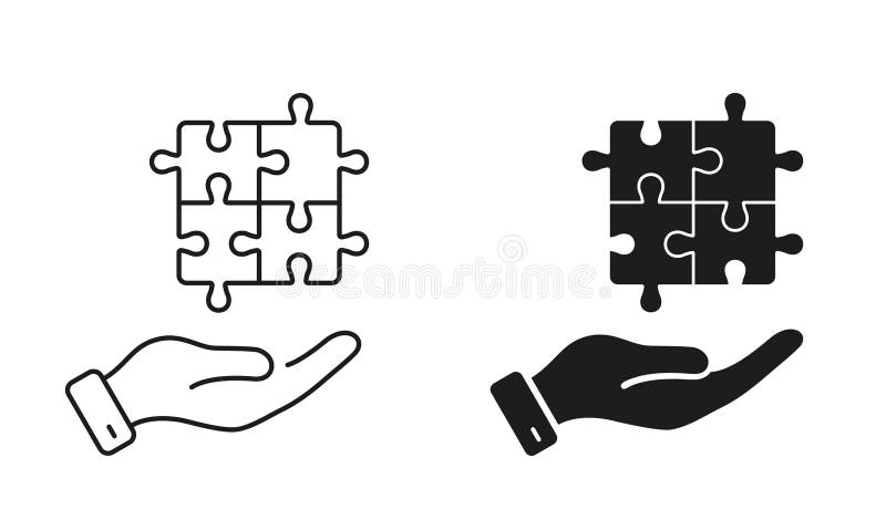 Jigsaw Piece, Success Teamwork Line and Silhouette Icon Set. Strategy ...