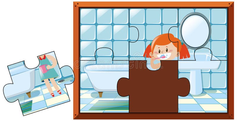Jigsaw Puzzle Game with Girl Brushing Teeth Stock Vector - Illustration ...