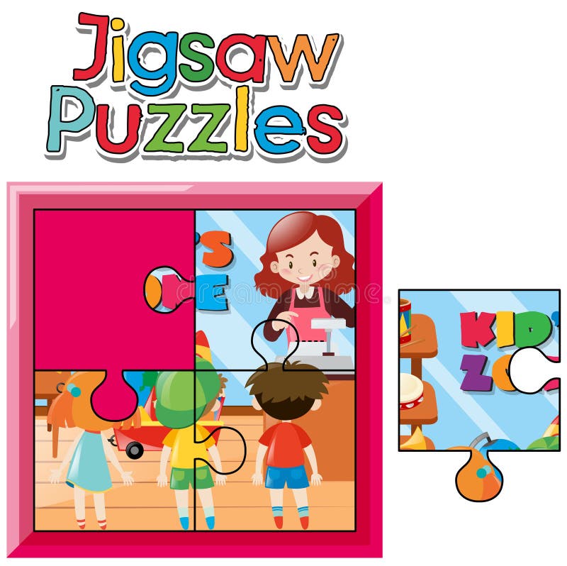Jigsaw Puzzle Game with Kids in Shop Stock Vector - Illustration of ...