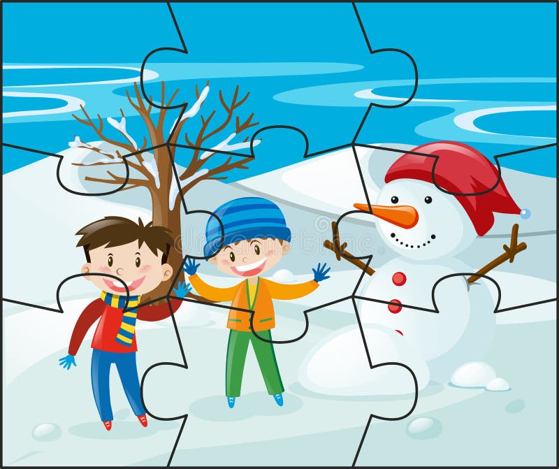 Jigsaw Puzzle Game with Kids and Snowman Stock Vector - Illustration of ...