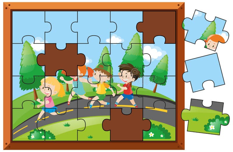 Jigsaw Puzzle Game with Kids Walking in Park Stock Vector ...