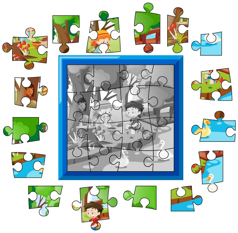 Jigsaw Puzzle Game Template with Kids in Park Stock Vector ...