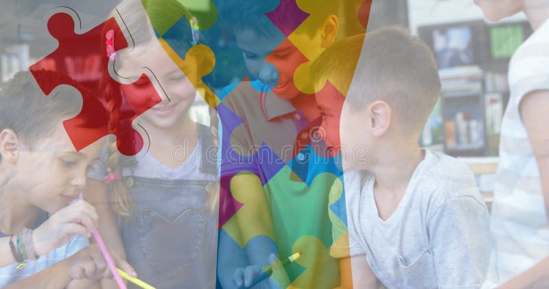 Jigsaw Puzzle and Hand Icon Against Diverse Group of Students Using ...