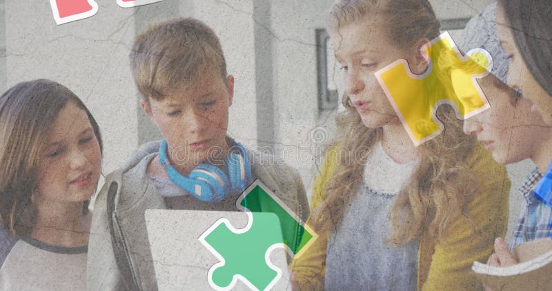 Jigsaw Puzzle and Human Head Icon Over Diverse Group of Students Using ...