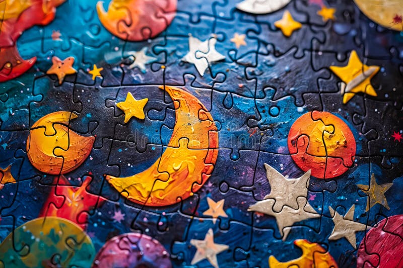 A Jigsaw Puzzle with a Picture of the Moon and Stars on it. Generative ...