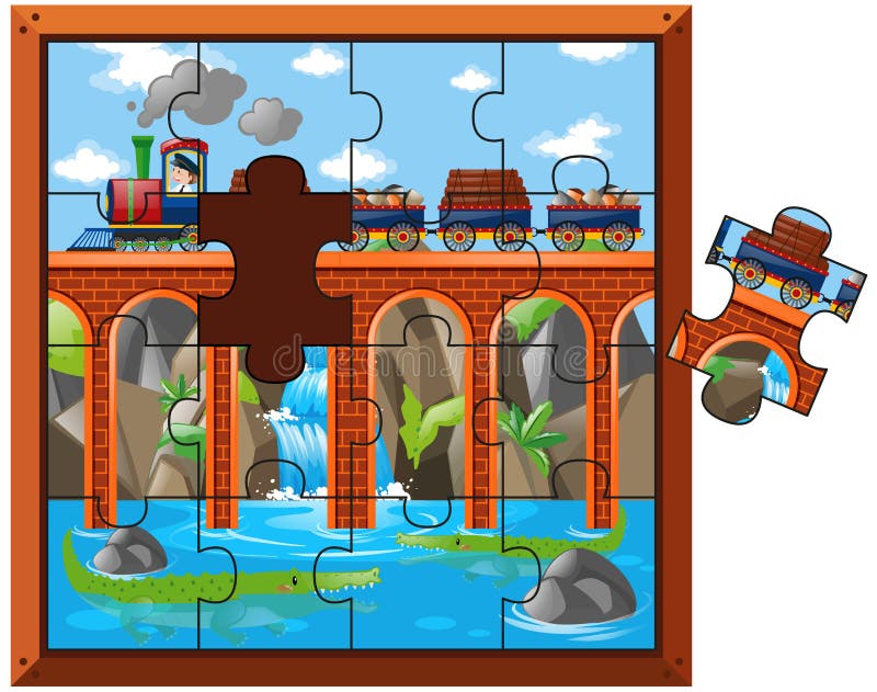 Jigsaw Puzzle Pieces of Train on Bridge Stock Vector - Illustration of ...