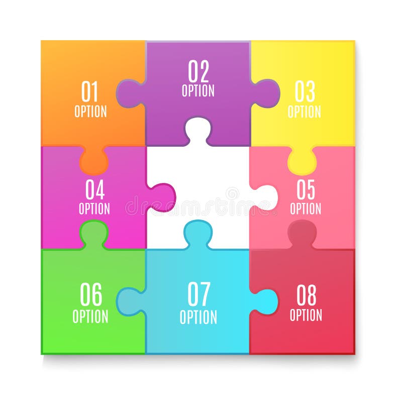 Jigsaw Puzzle Poster with 8 Connected Colorful Option Tiles and Missing ...
