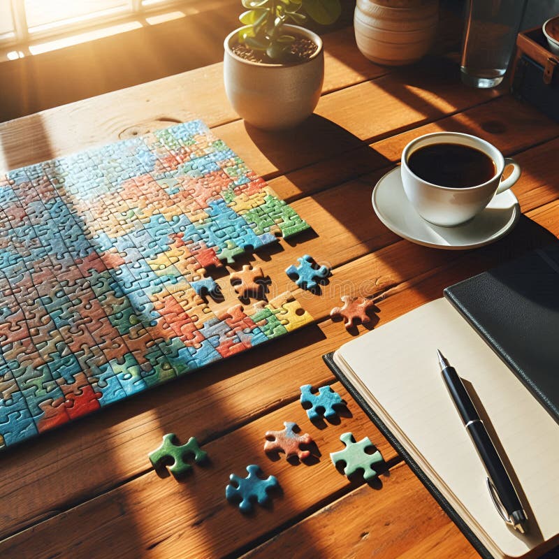 Jigsaw Puzzle Scene: Desk with Unfinished Puzzle, Generative AI. Stock ...