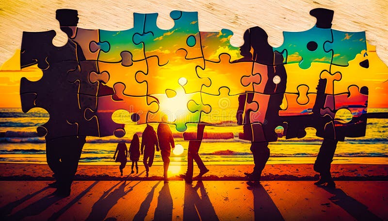 Jigsaw Puzzle with Silhouettes of People on the Beach. Generative AI ...