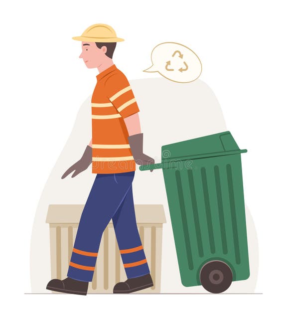 Garbage Collector Man Dragging a Recycle Plastic Garbage Bin for Waste ...