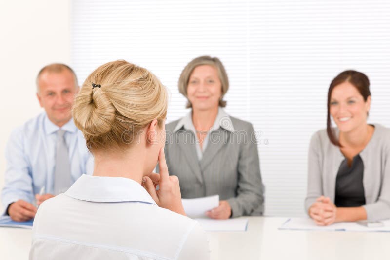 Job Interview Young Woman with Business Team Stock Image - Image of ...