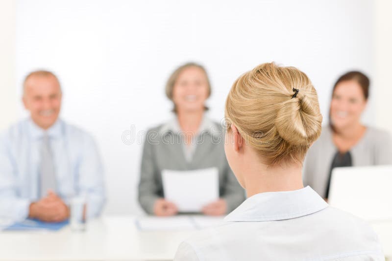 Job Interview Young Woman with Business Team Stock Photo - Image of ...