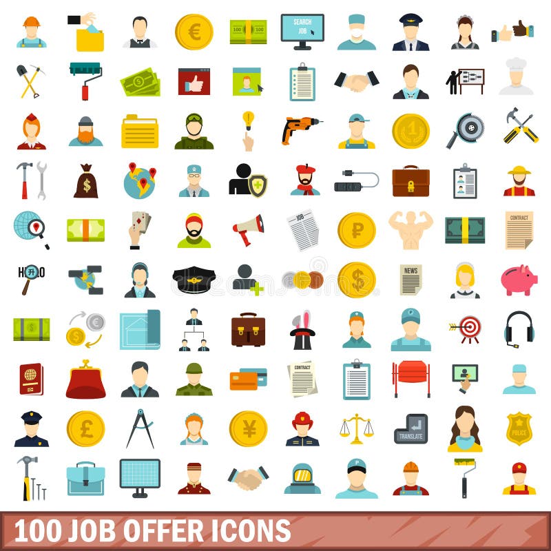 100 Job Offer Icons Set, Flat Style Stock Vector - Illustration of ...