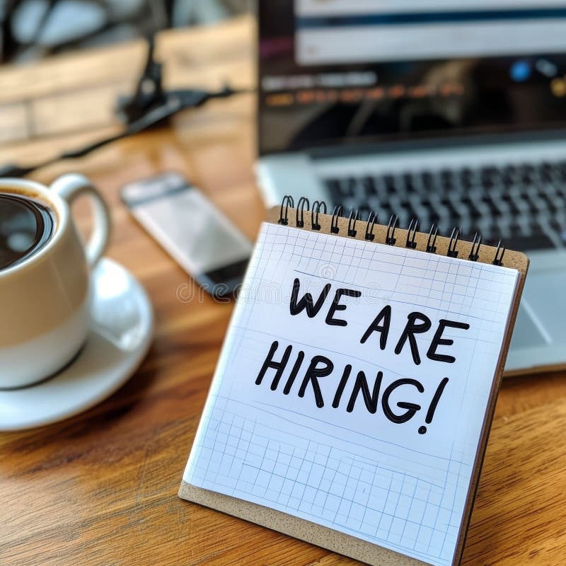 Job Recruitment Announcement on a Spiral Notepad with a Coffee Cup in a ...