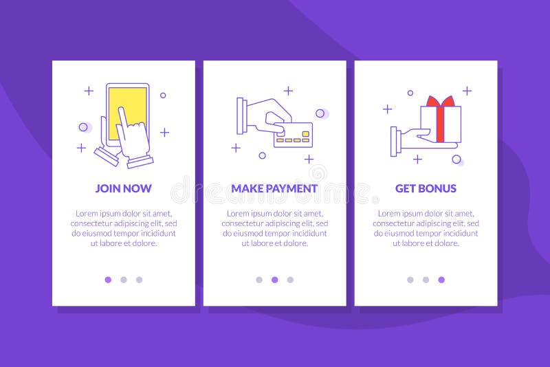 Join Now, Make Payment, Get Bonus Mobile App Page Onboard Screen Set ...