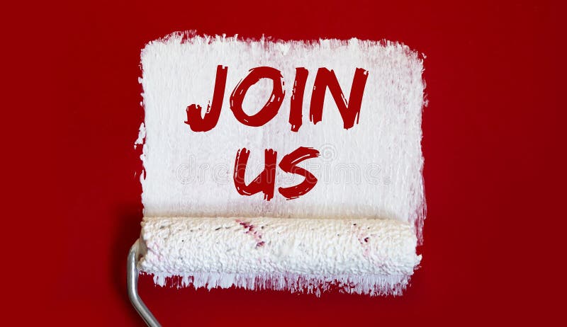 JOIN US .One Open Can of Paint with White Brush on Red Background. Top ...