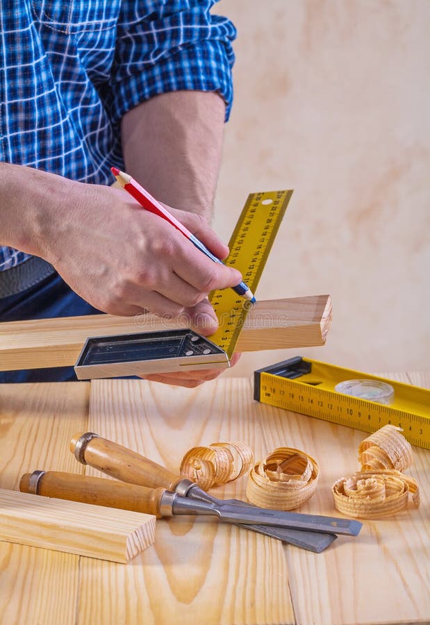 Joiner Drawing on Wooden Plank with Pencil and Stock Image - Image of ...