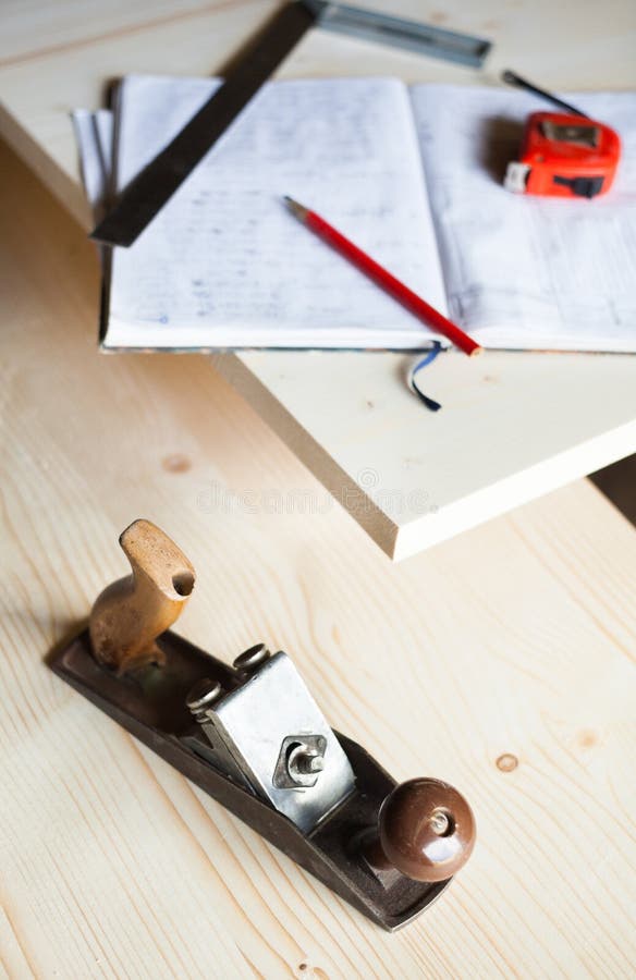 Joiner`s Carpenter`s Tools and Notebook Stock Image - Image of building ...