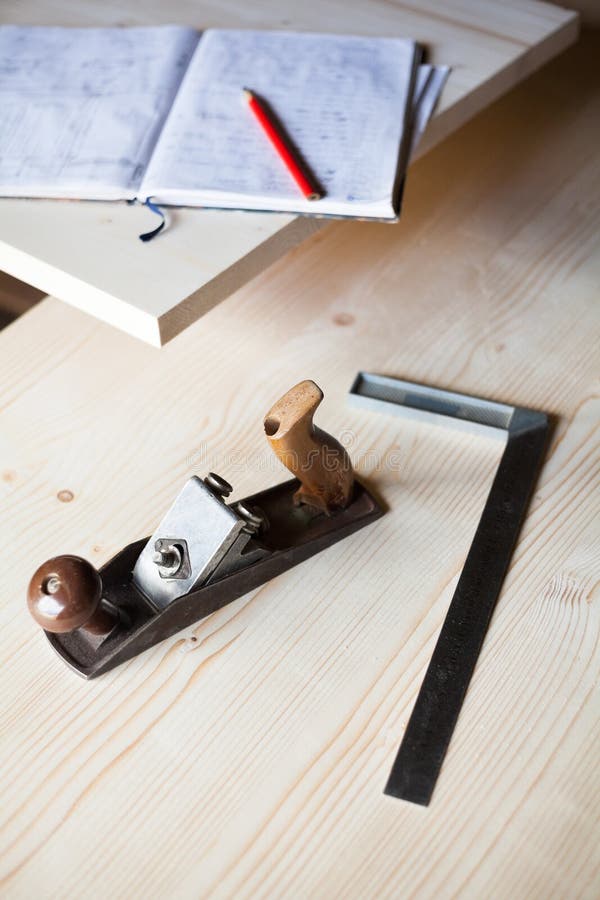 Joiner`s Carpenter`s Tools and Notebook Stock Photo - Image of jointer ...