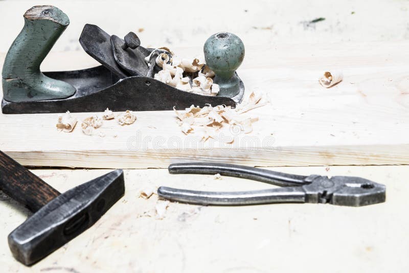 Joiner`s Tools: Hammer, Jack Plane and Pliers Stock Image - Image of ...