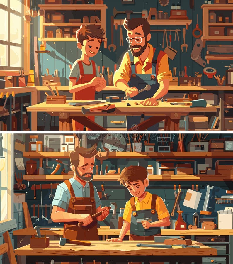 Joiner with Son Workbench Making Cartoon Vector Scenes. Man Kid Suites ...