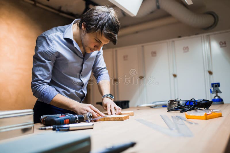 Joiner Working and Designing on Workbench Stock Photo - Image of ...