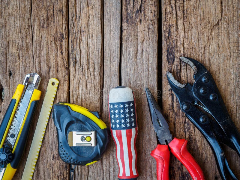 Joinery Tools and Paper on a Wooden Table Texture Background. La Stock ...
