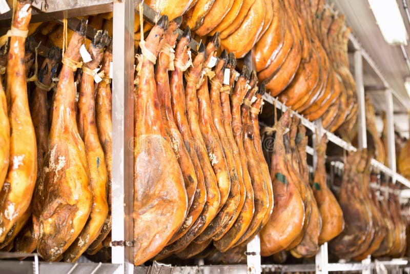 Joints of Iberico and Serrano Jamon Hanging Stock Image - Image of ...
