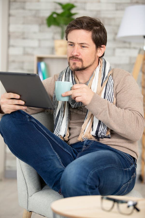 Jolly Bearded Guy Having Rest Using Computer Gadget Indoor Stock Photo ...