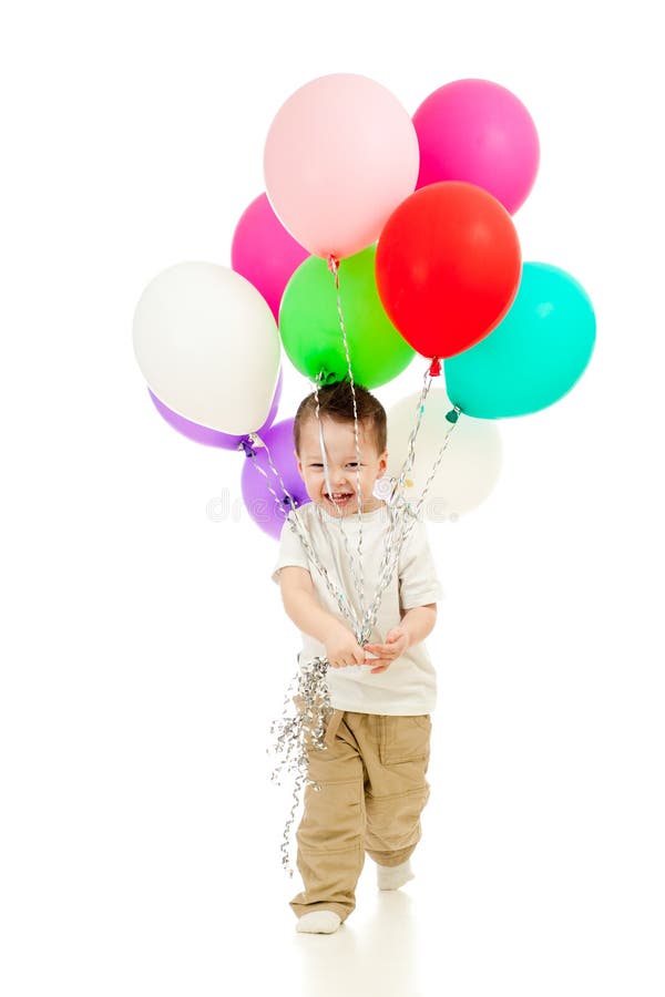 Jolly Child Boy with Colourful Balloons in Hands Stock Image - Image of ...