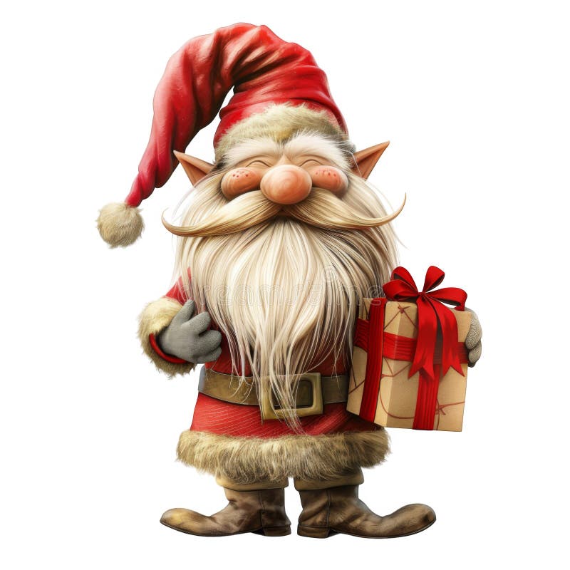 A Jolly Christmas Elf with a Big White Beard, Red Hat, and a Gift in ...