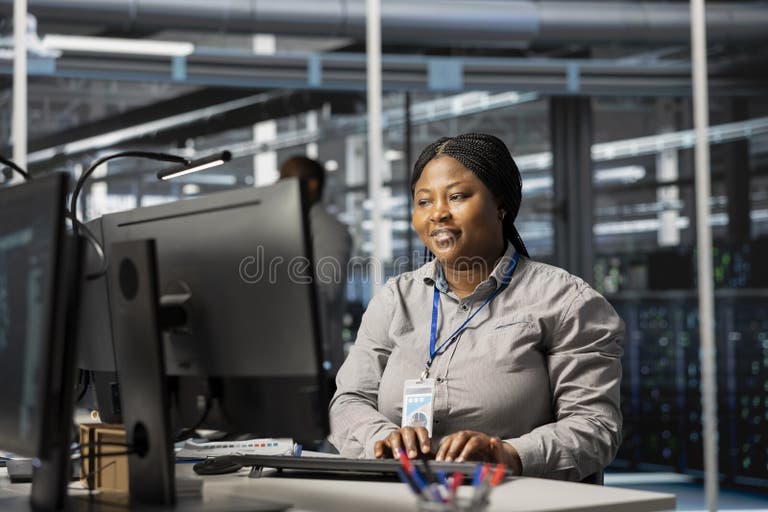 Jolly Data Center Admin Analyzing Software Logs Metrics on PC Stock ...