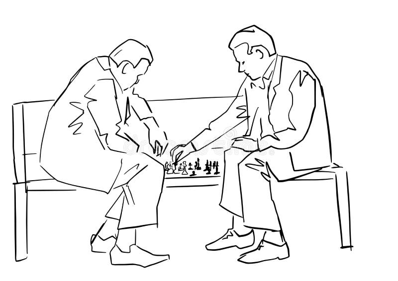 Two People Playing Chess on the Bench. Black Contour. Stock Vector ...