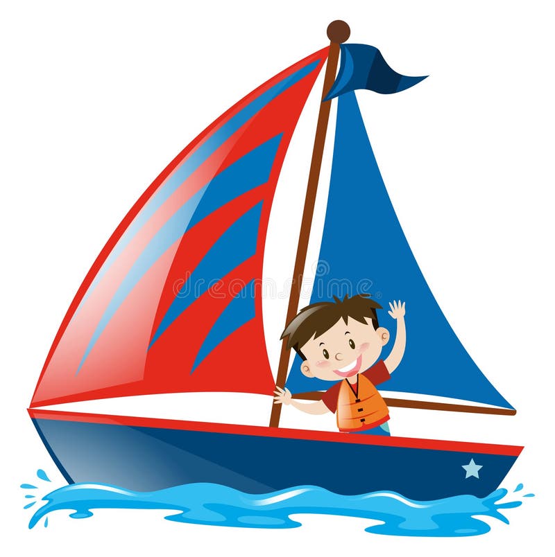 Jongen op blauwe zeilboot vector illustratie. Illustration of ...