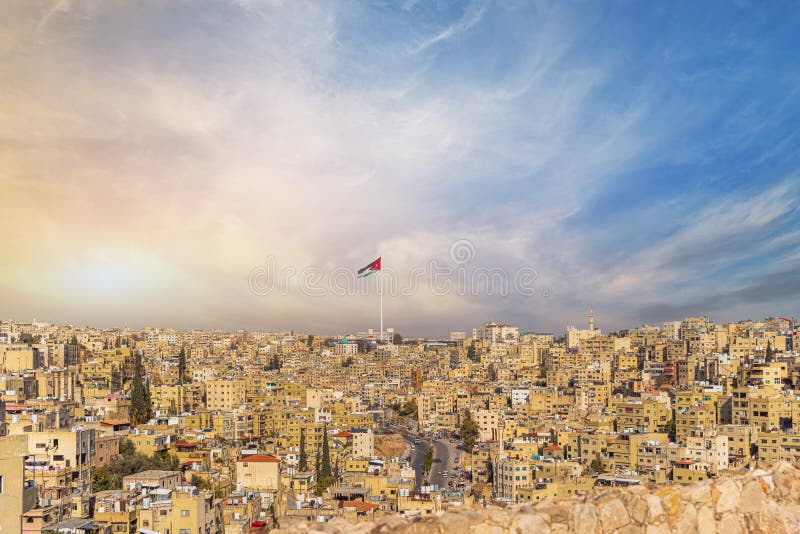 Jordan Flag in Amman, Panoramic View of Cloudy Sky Background Stock ...