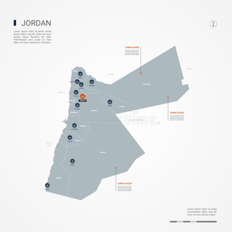 Jordan Map with Location Pointer Marks. Stock Vector - Illustration of ...