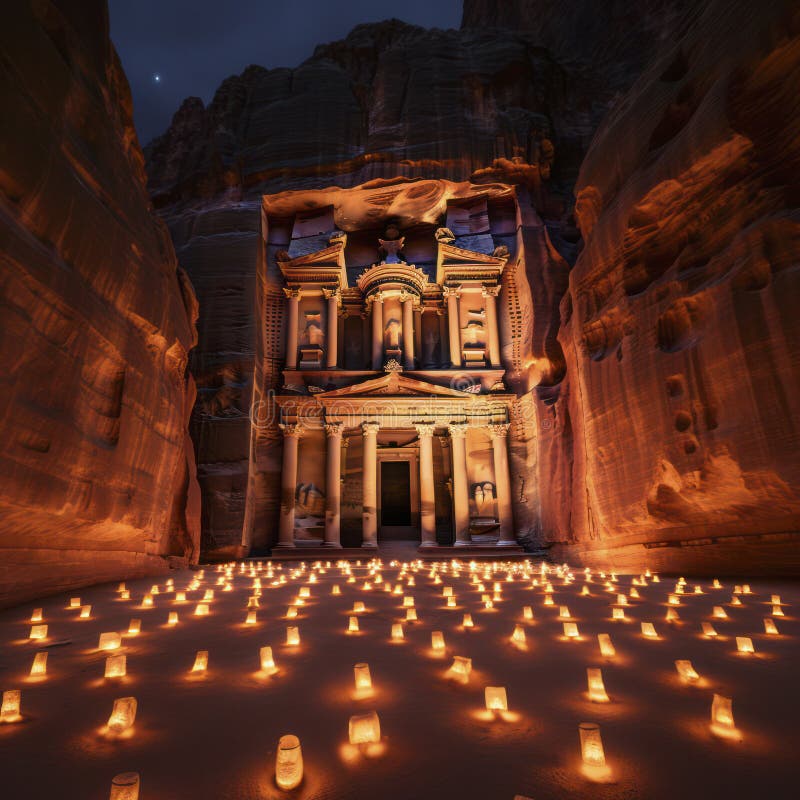Jordan Petra Night Treasury with Candles on Ground Stock Image - Image ...