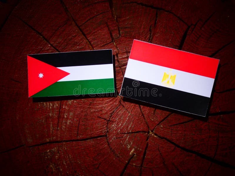 Jordanian Flag with Egyptian Flag on a Tree Stump Stock Photo - Image ...