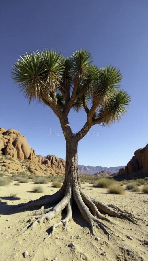 Joshua Tree with Exposed Roots Growing in Desert Soil, Geological ...