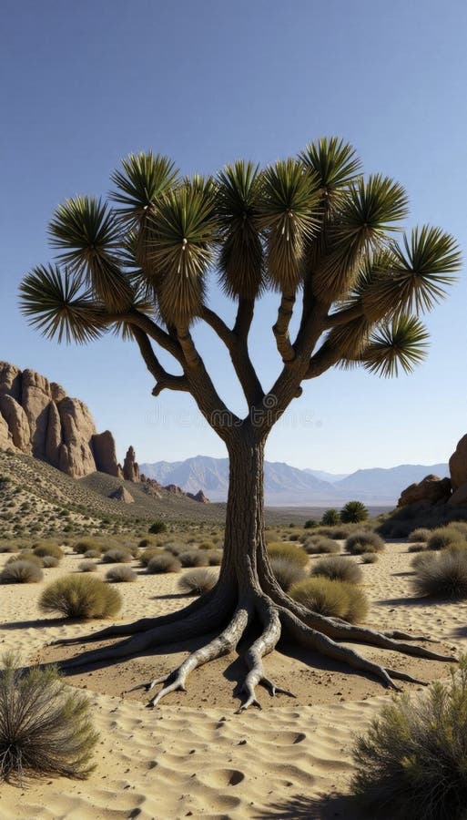 Joshua Tree with Exposed Roots Growing in Desert Soil, Geological ...