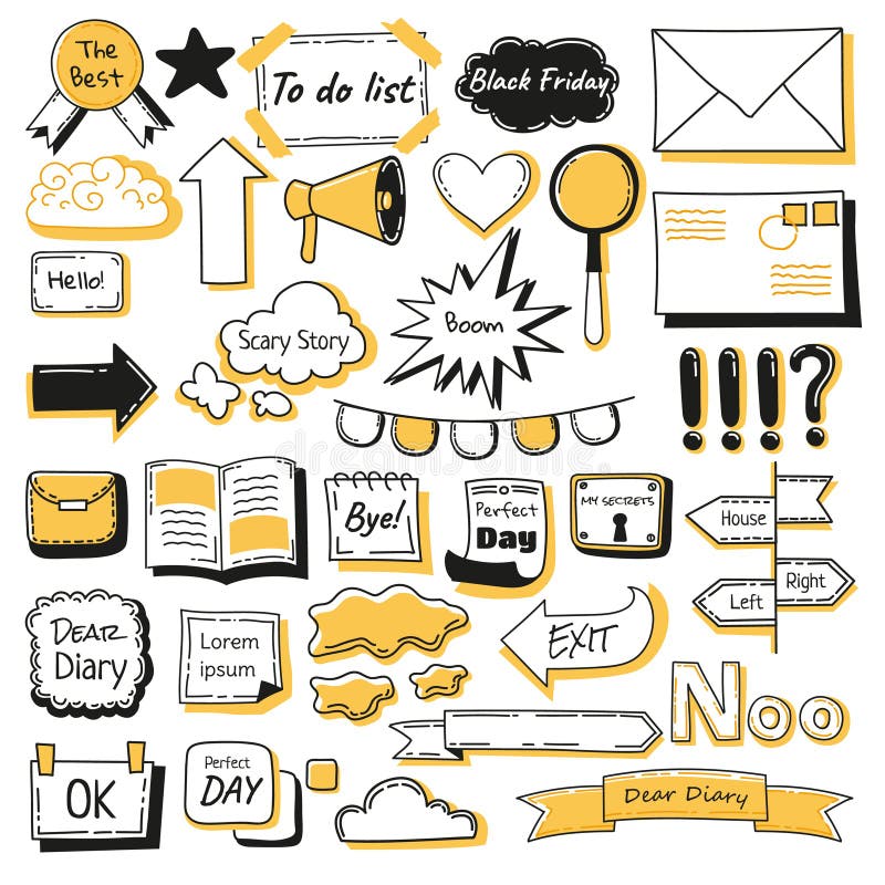 Journal Doodle Icons Set. Hand Drawn Banners and Elements for Notebook ...