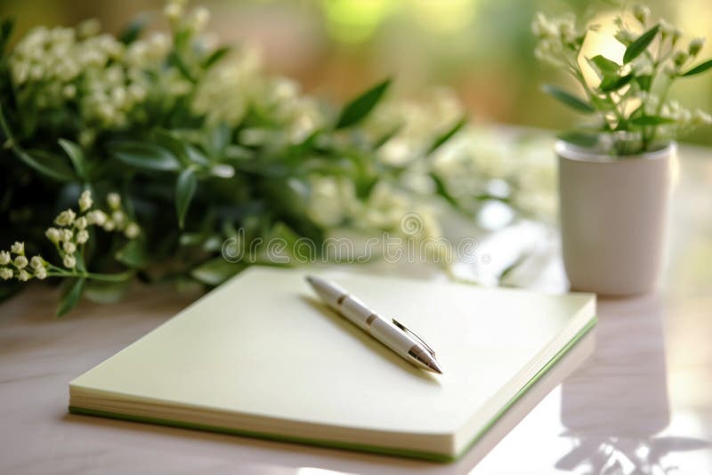 Journal with Pen and Greenery for Mindful Writing Stock Illustration ...