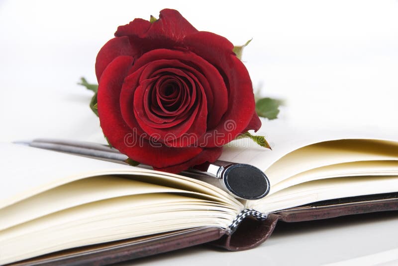 Journal W Ith Red Rose and Pen Stock Image - Image of author, pencil ...