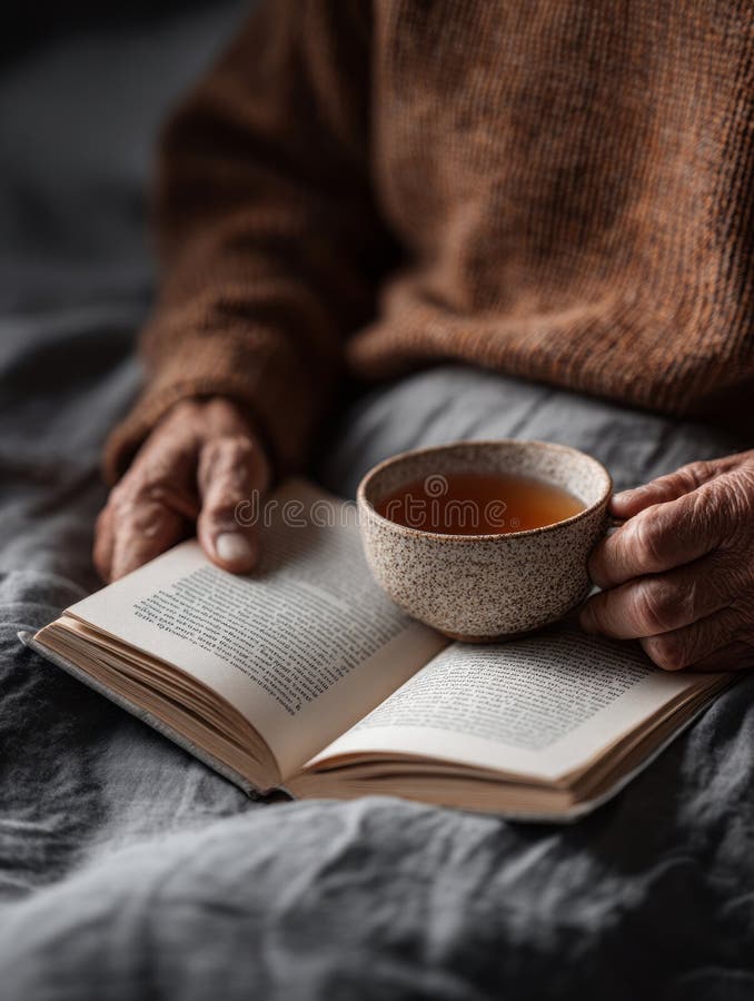 Journaling or Reading before Bed. Elderly Person Holding a Rustic Cup ...