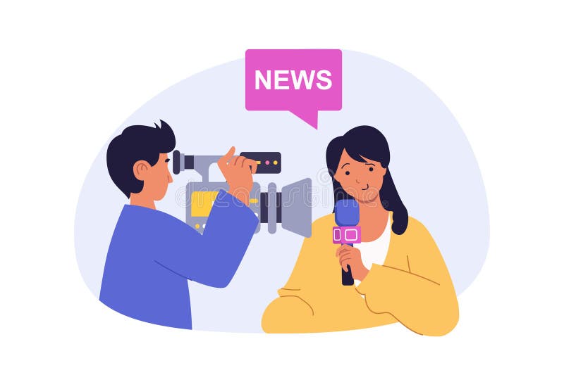 Journalism Concept in Modern Flat Design for Web. Woman with Microphone ...